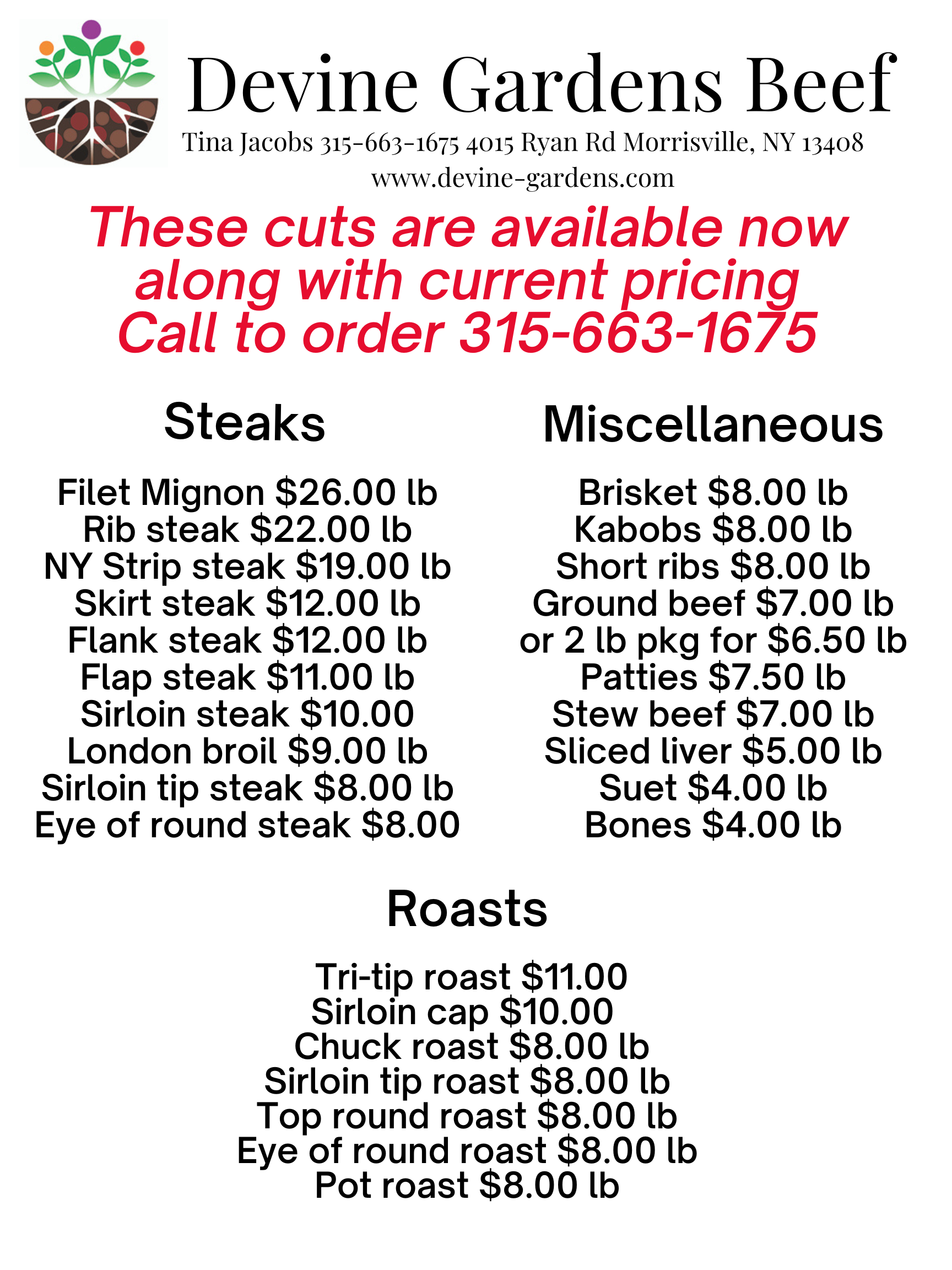 Beef Pricing at the Farm – Devine Gardens